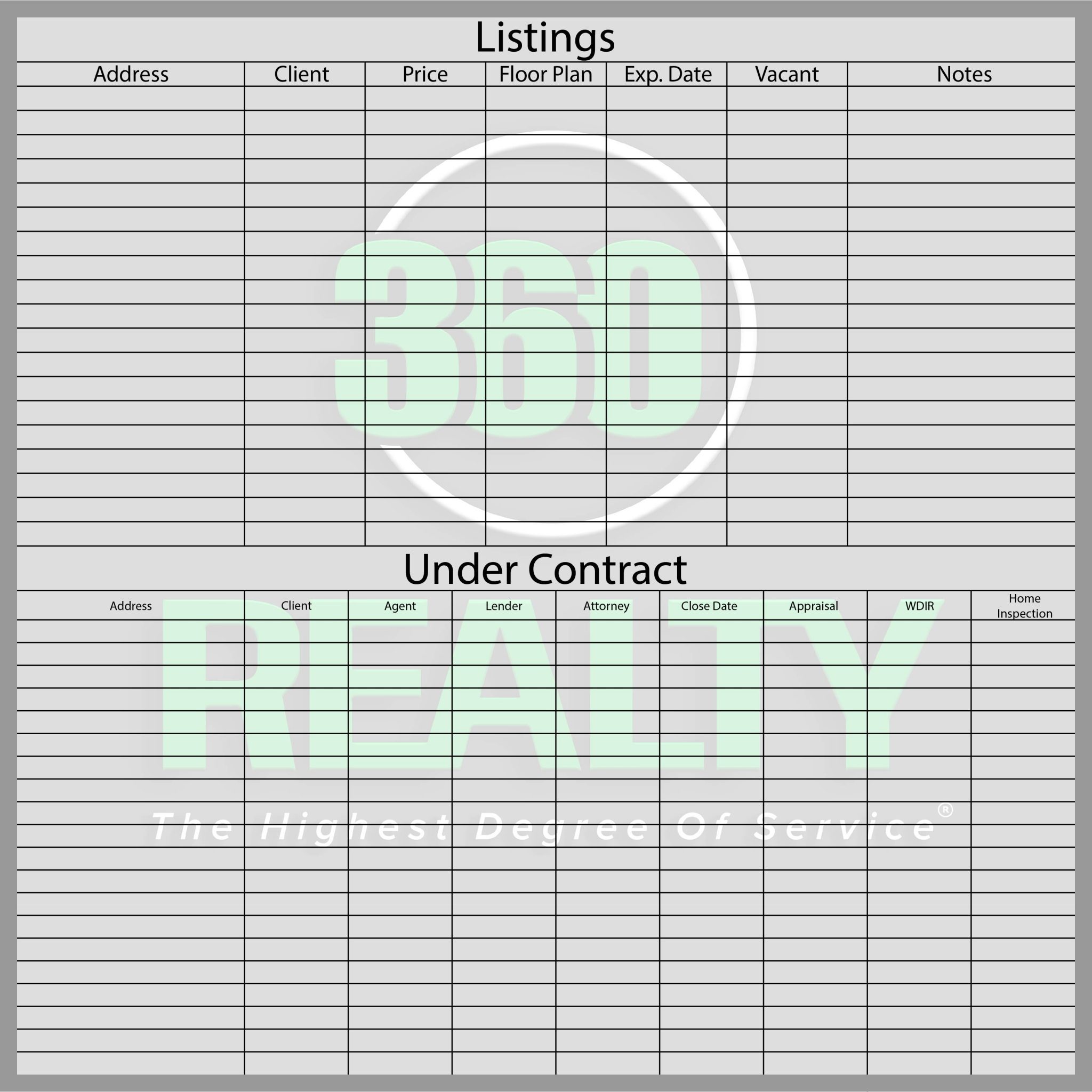 360 Realty Listing Tracking Board | Dry Erase Designs